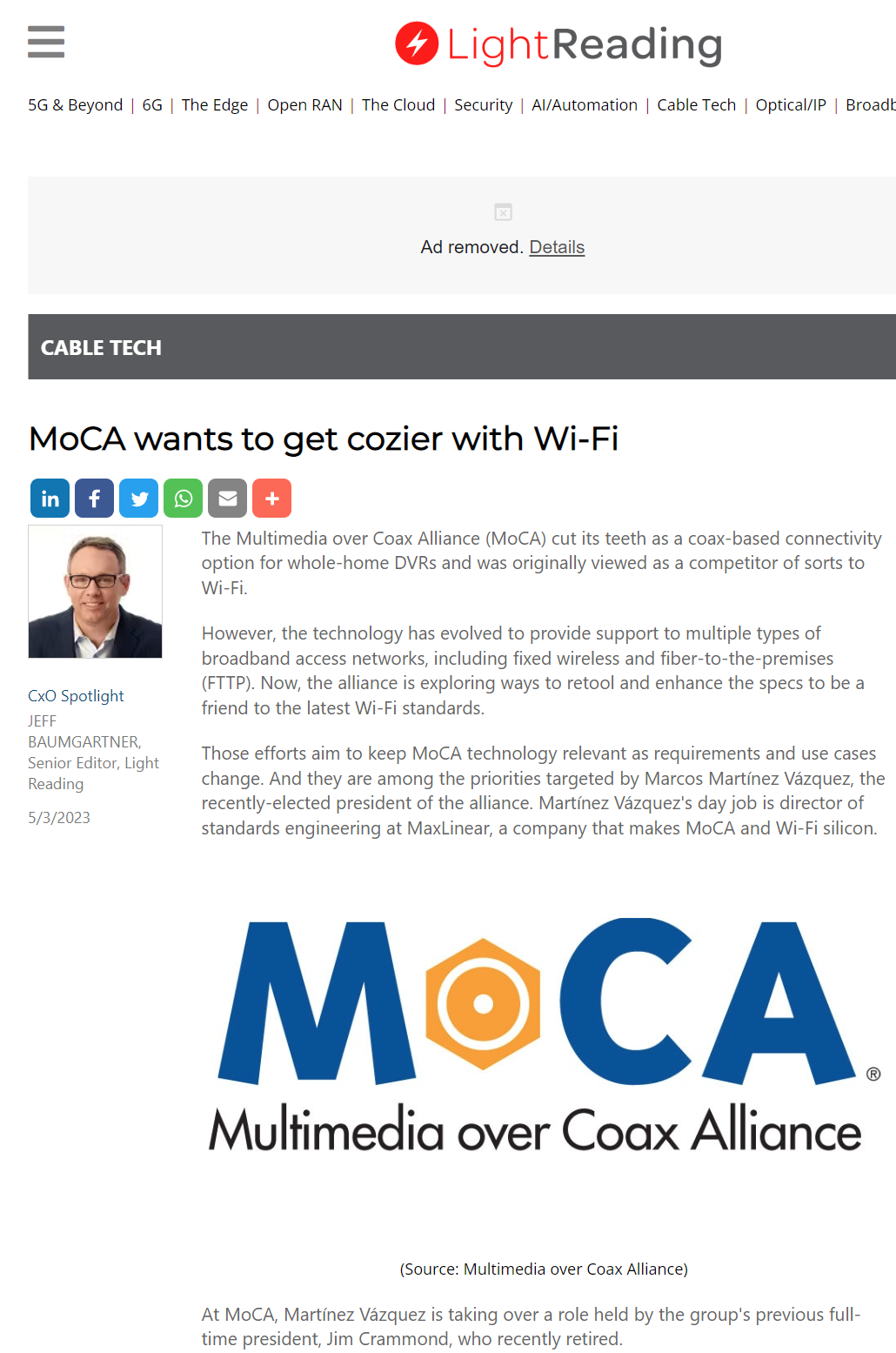 Light Reading Article: MoCA wants to get cozier with Wi-Fi