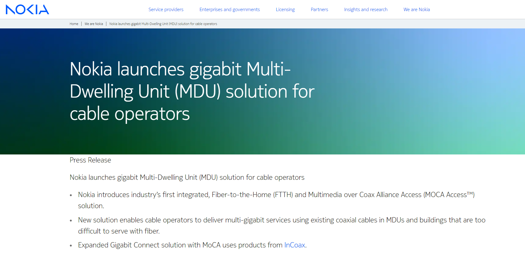 Nokia launches gigabit MDU solution including InCoax technology